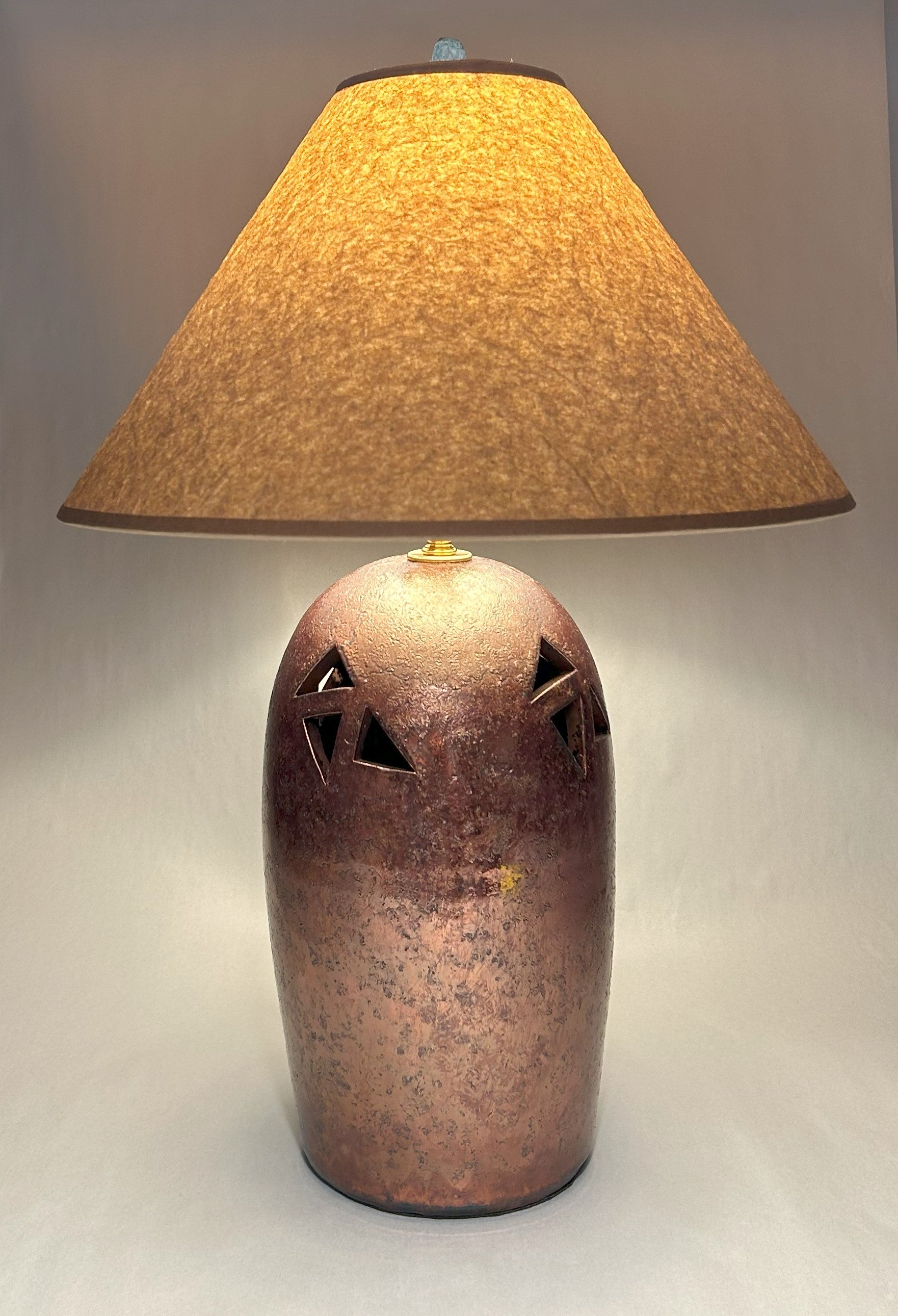 Handmade Raku Lamp with Copper Green Glaze - Wrinkled Paper Shade - Ha ...